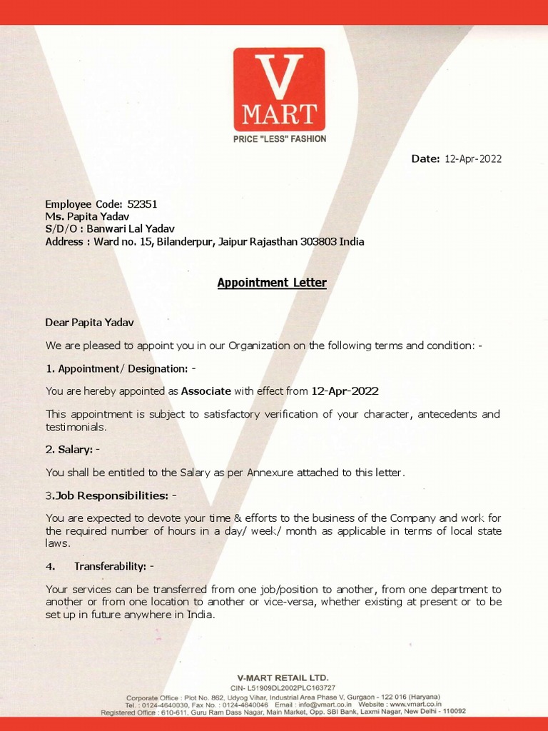 V-Mart Appointment Letter for Papita Yadav | PDF | Employment | Bribery