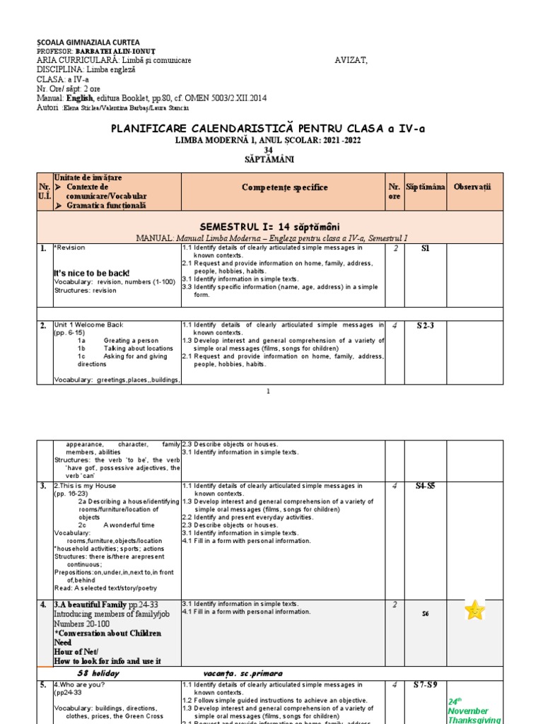 Planificare Clasa A IV A Booklet | PDF | Language Families | Linguistics