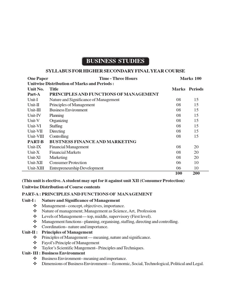 Business Studies: Syllabus For Higher Secondary Final Year Course | PDF ...