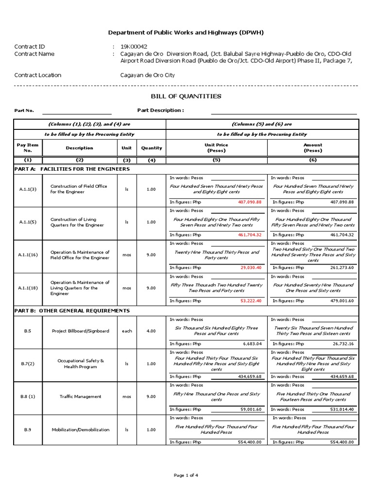 Bill of Quantities: Department of Public Works and Highways (DPWH ...