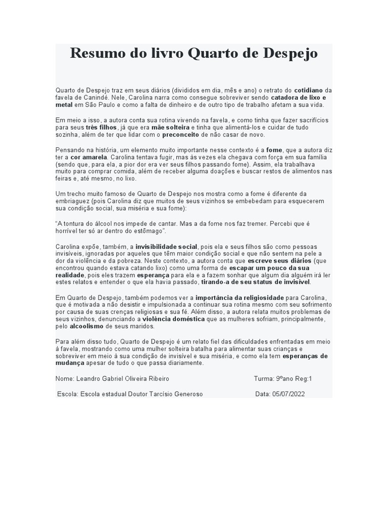 Resumo Do Livro Quarto de Despejo | PDF | Favela | Pobreza