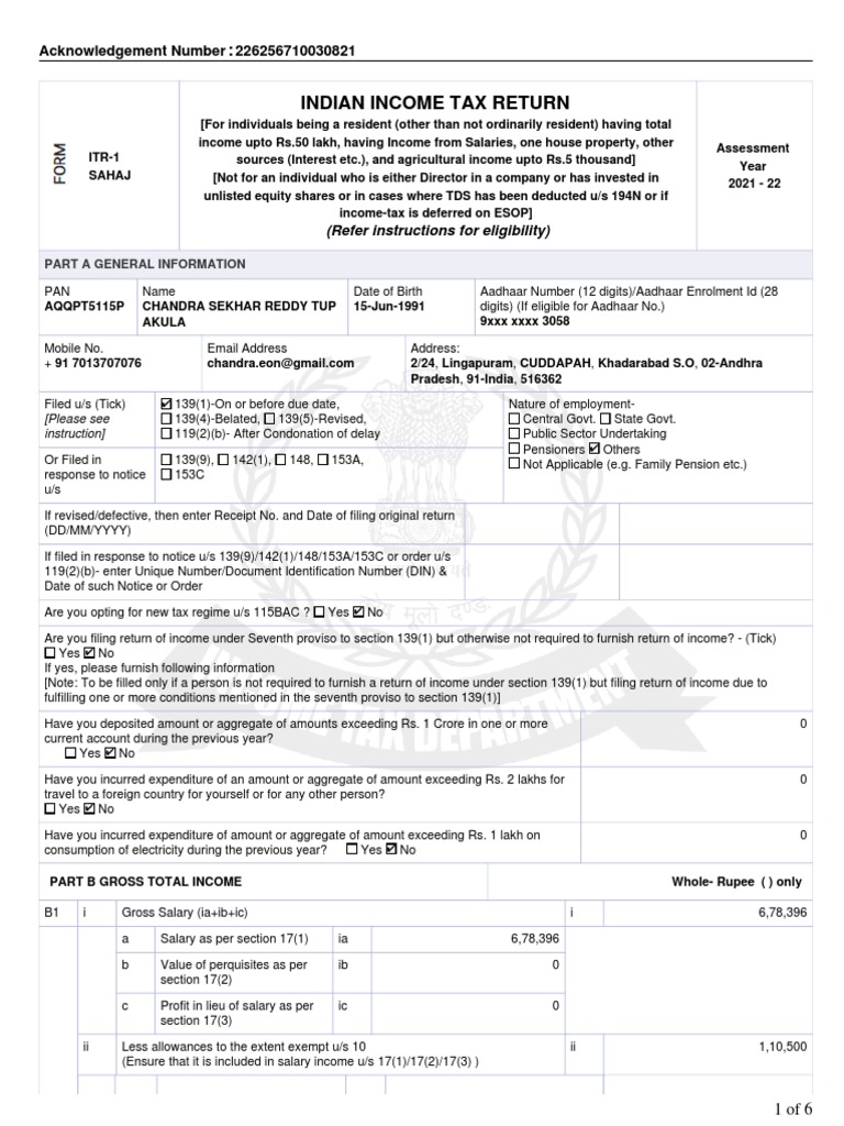 Indian Income Tax Return: (Refer Instructions For Eligibility) | PDF ...