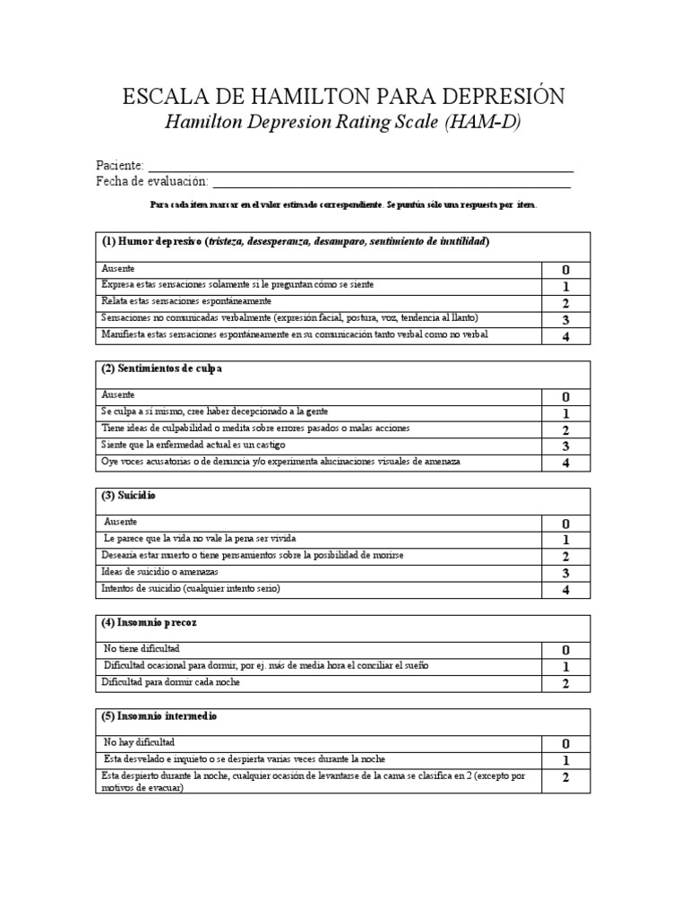Escala De Depresión De Hamilton Para Imprimir El Blog De Terapia