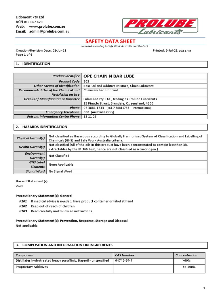 Safety Data Sheet: Ope Chain N Bar Lube | PDF | Personal Protective ...
