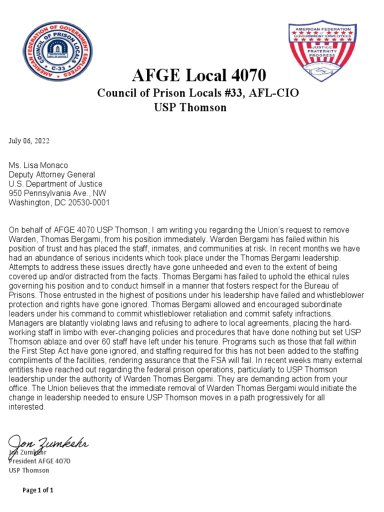 USP Thomson Staff Union Calls For Immediate Removal of Warden Bergami | PDF