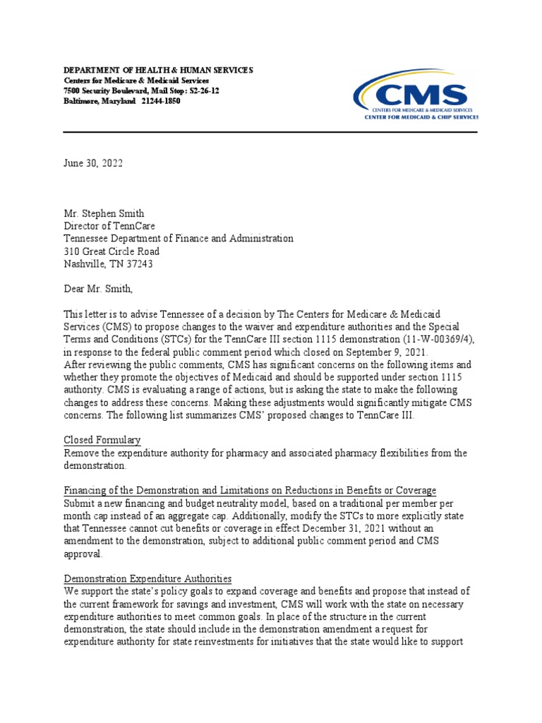 CMS letter to TennCare on June 30 | PDF | Medicaid | Medicare (United ...