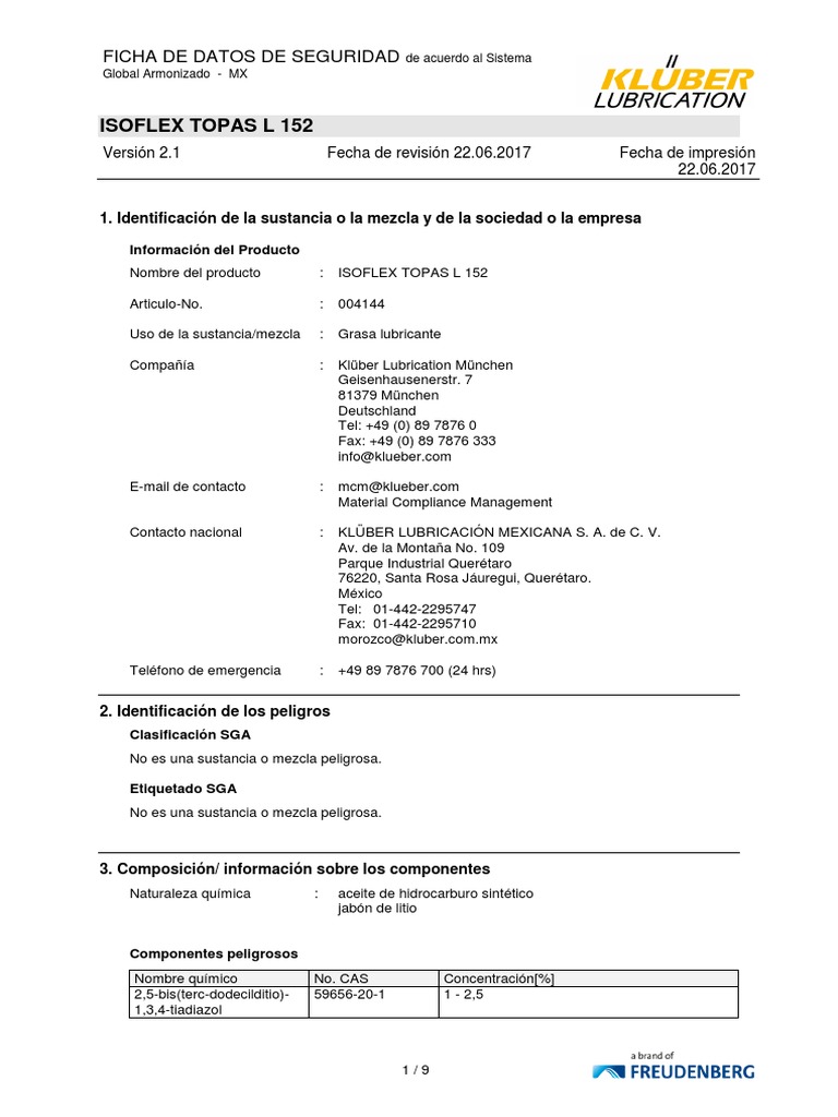 Isoflex Topas L 152 | Descargar gratis PDF | Toxicidad | Información