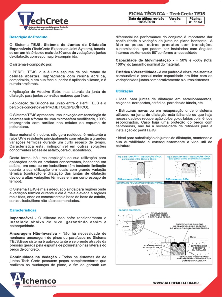 Ficha Técnica - Techcrete - Junta Tejs | PDF | Estresse (Mecânica) | Poliuretano