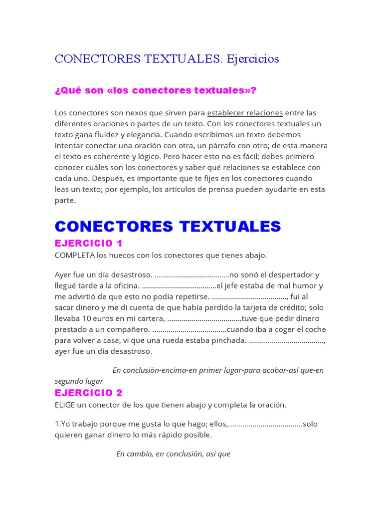 Conectores Textuales: Ejercicios Prácticos | PDF