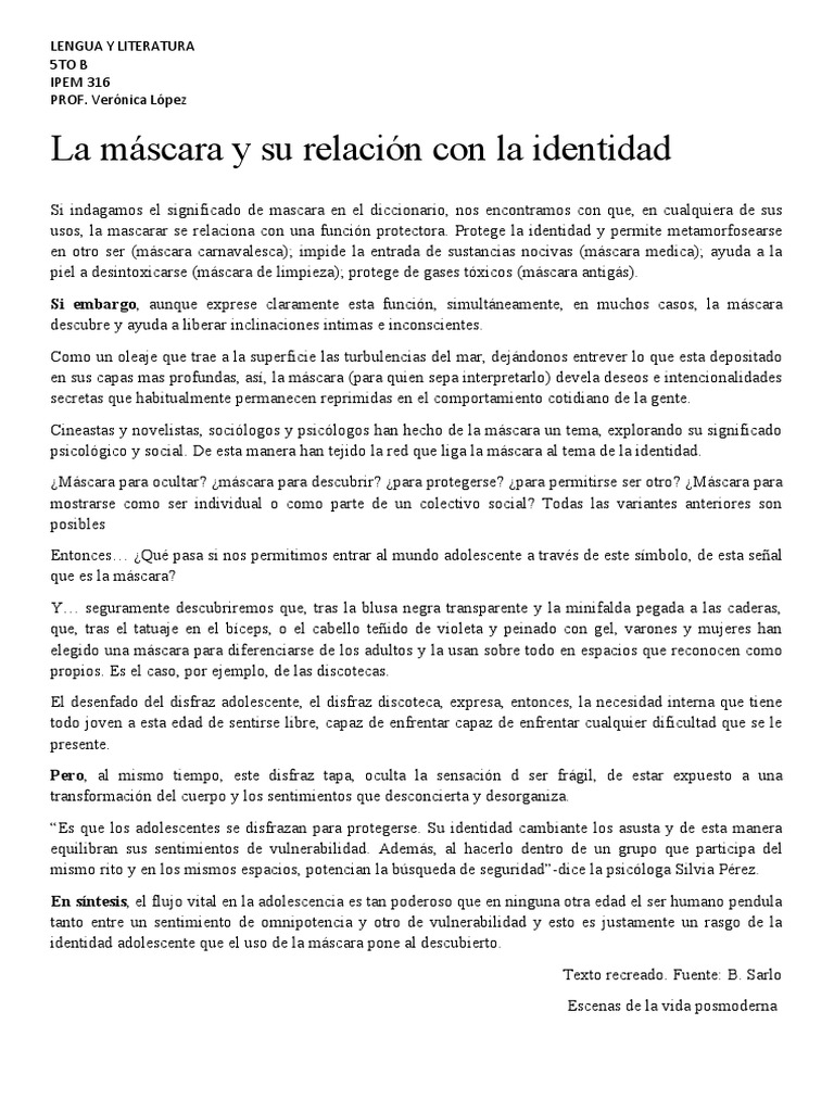 Las Máscaras y Su Relacion Con La Identidad | PDF | Máscara