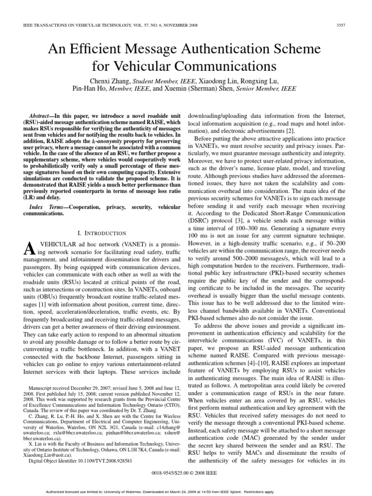 An Efficient Message Authentication Scheme For Vehicular Communications ...