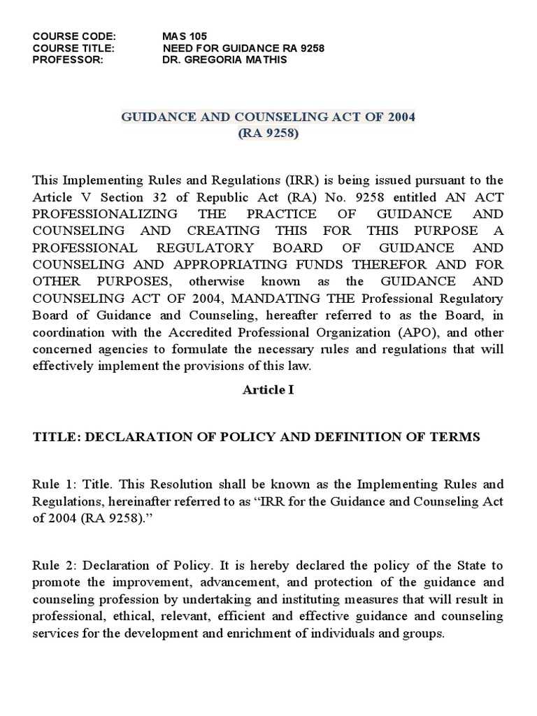 Need For Guidance Ra 9258 | PDF | Licensure | Test (Assessment)