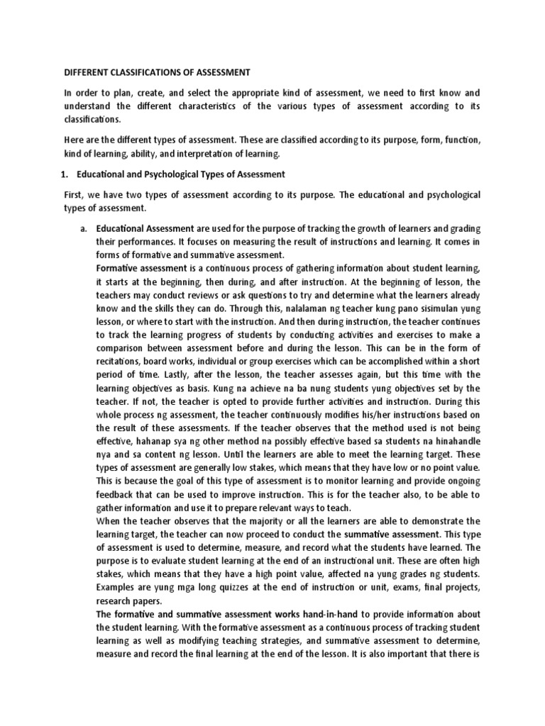 Report_Classifications of Assessment. | PDF | Educational Assessment ...
