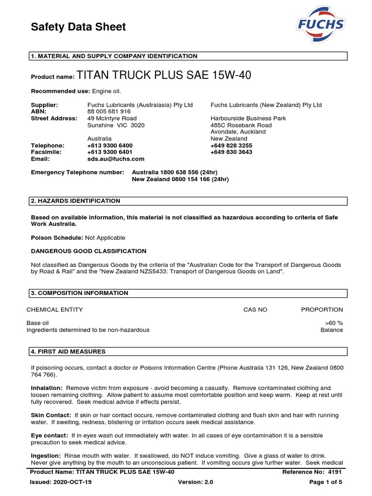 Titan Truck Plus Sae 15W-40: Safety Data Sheet | PDF | Dangerous Goods ...