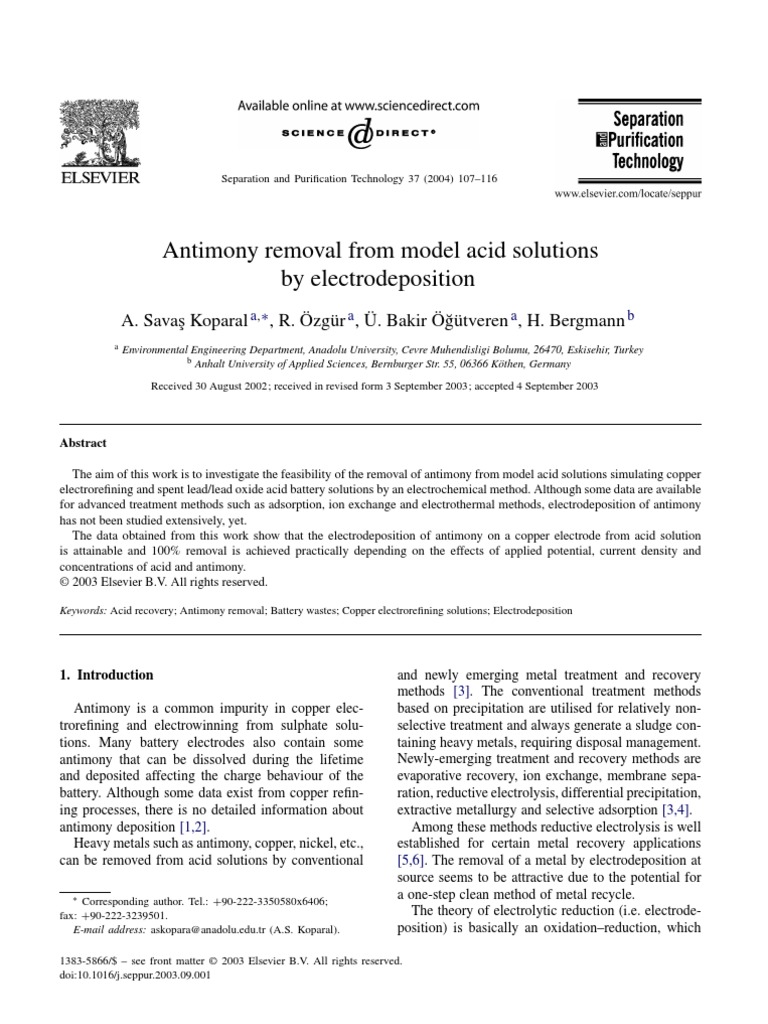 1-Antimony Removal by Electrode Position | PDF | Electrochemistry | Redox