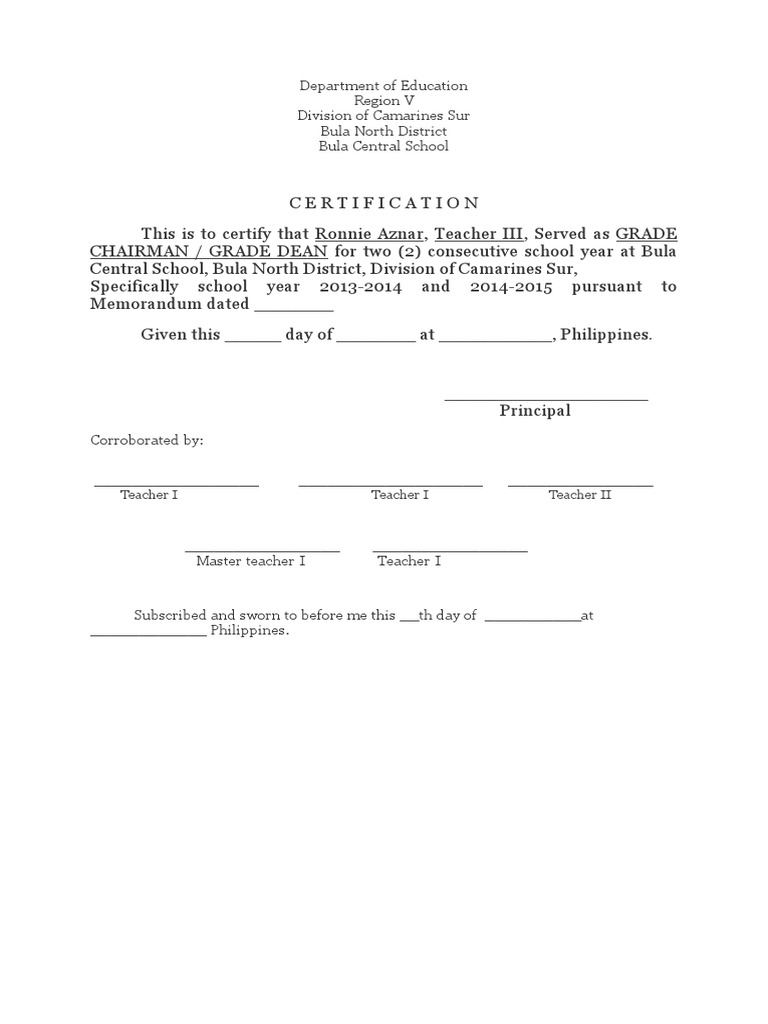 Grade Chairman Certification Document | PDF | Teachers | Social ...