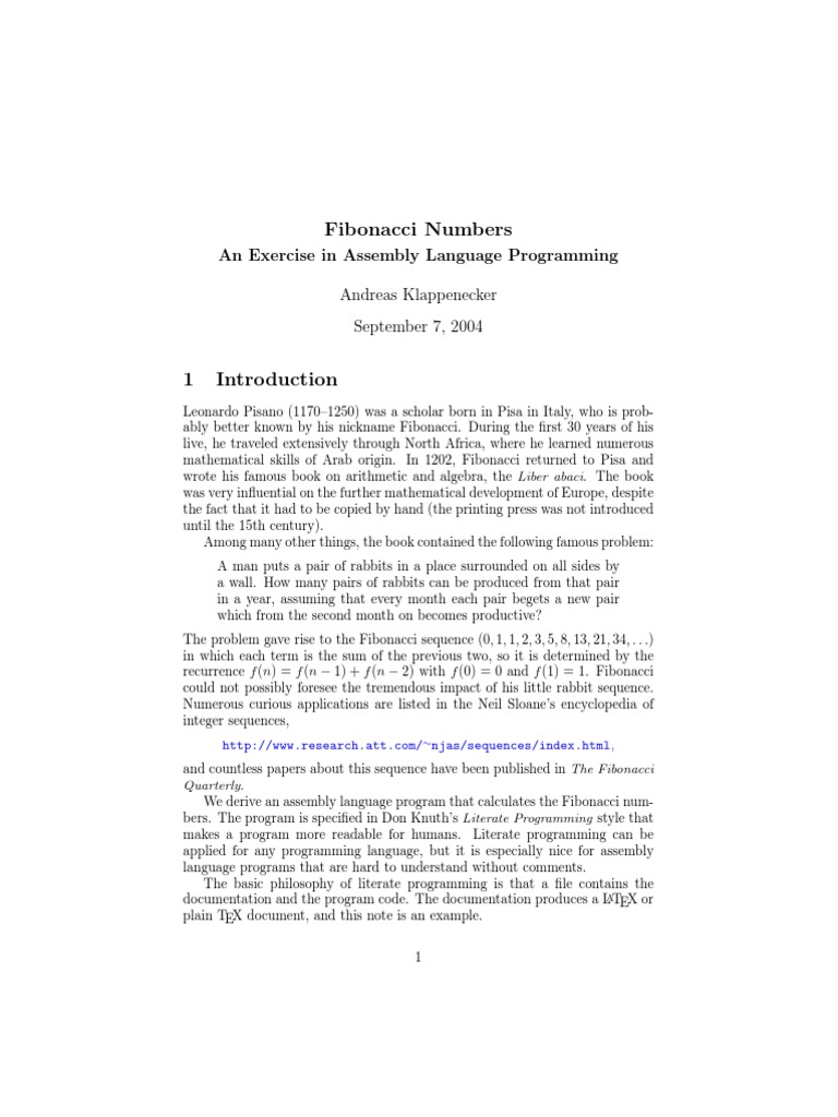 Fibonacci Numbers: An Exercise in Assembly Language Programming Andreas ...
