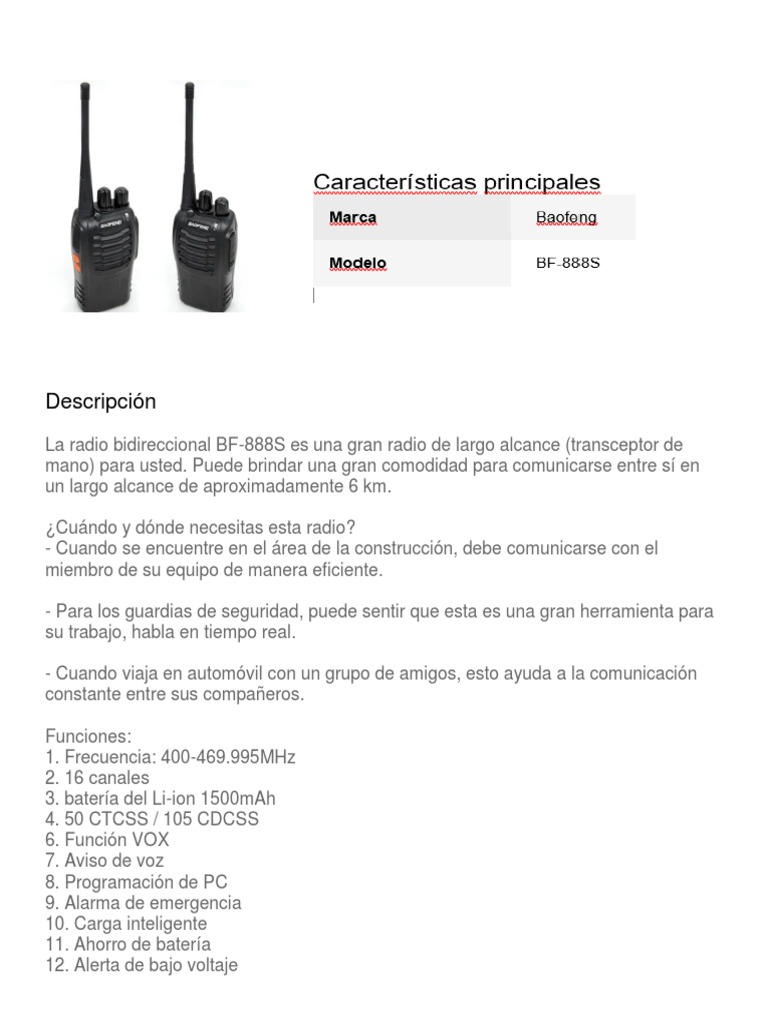 Ficha Tecnica de Radios Teléfono Baofeng Bf-888s | PDF
