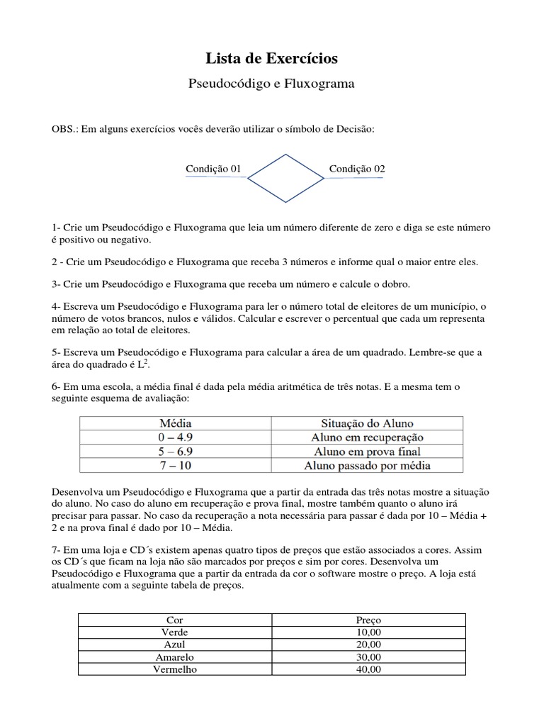 Lista Pseudocódigo e Fluxograma | PDF | Triângulo