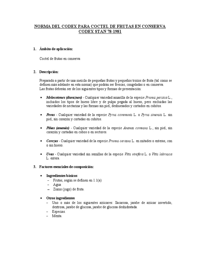 Norma del Codex para coctel de frutas en conserva | PDF | melocotón | Agua