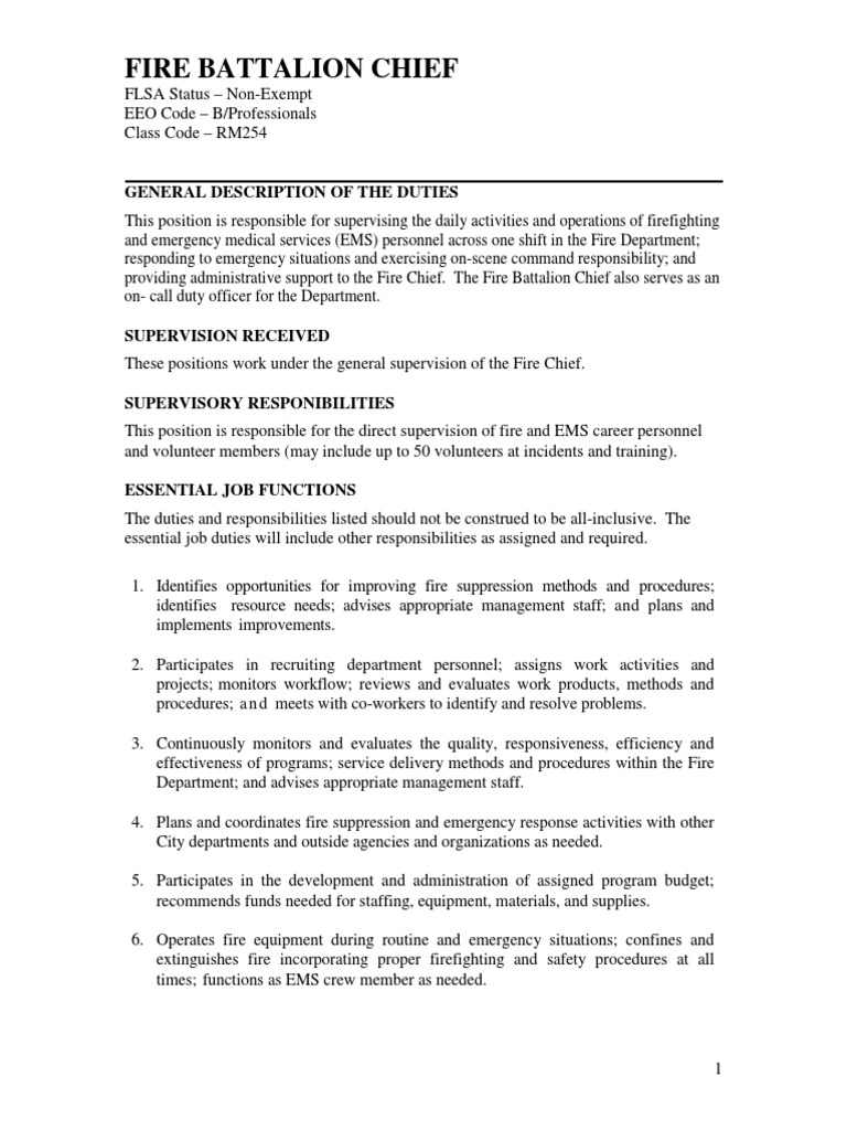 Fire Battalion Chief: General Description of The Duties | Download Free ...