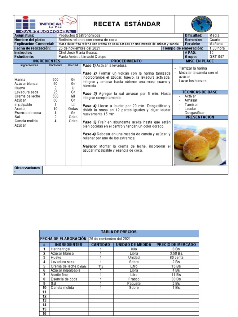 FORMATO (rECETA ESTANDAR) | PDF | Crema | Dieta y nutrición