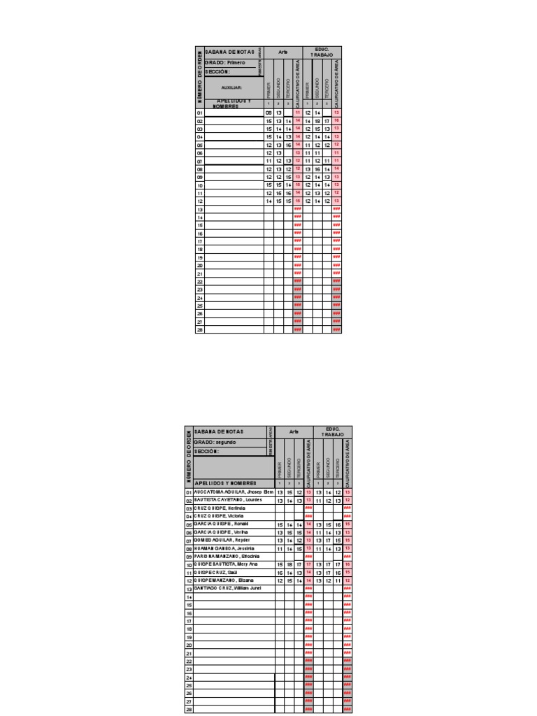 Sabana de Notas por Grado y Trimestre | PDF