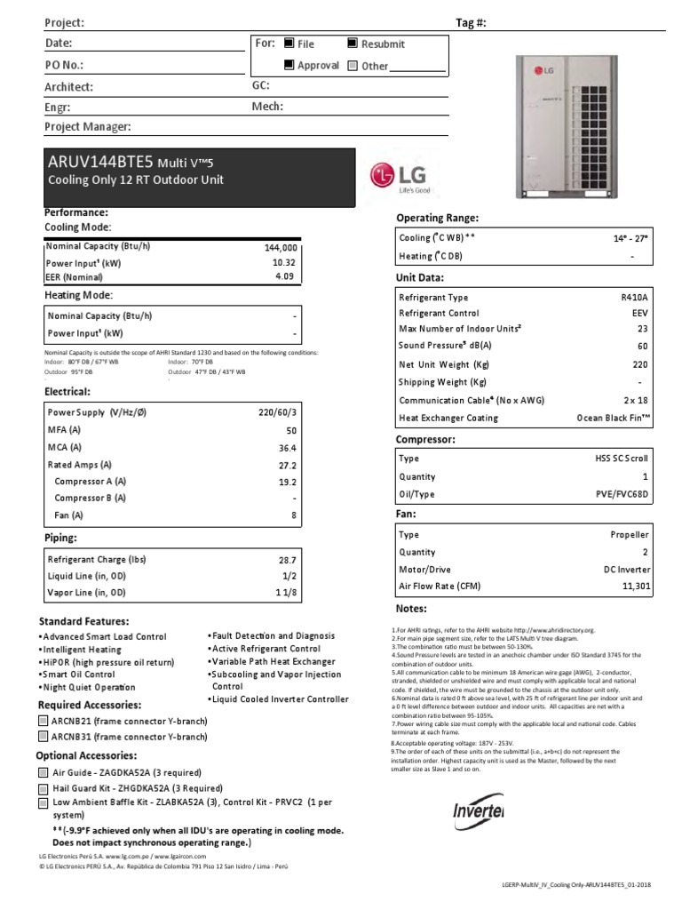 ARU V144BTE5: Multi V™ 5 Cooling Only 12 RT Outdoor Unit | PDF ...