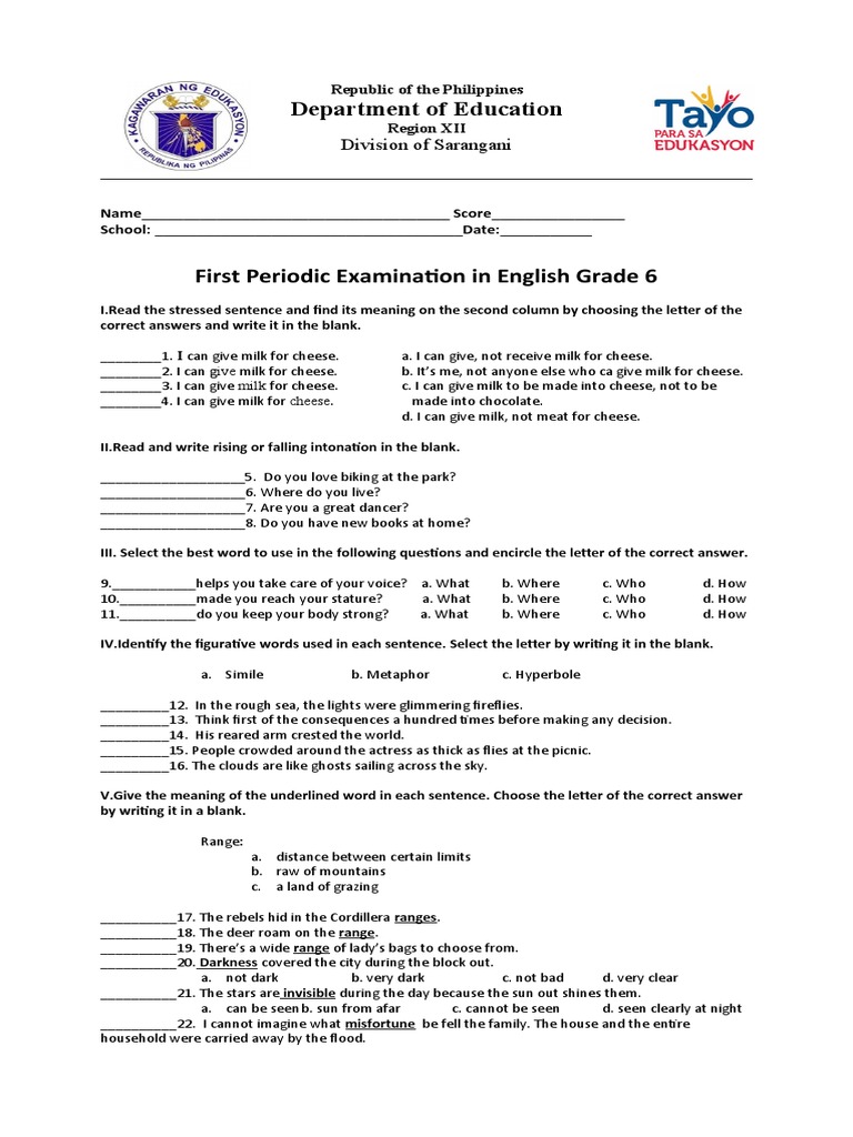Test Paper English Grade 6 | PDF