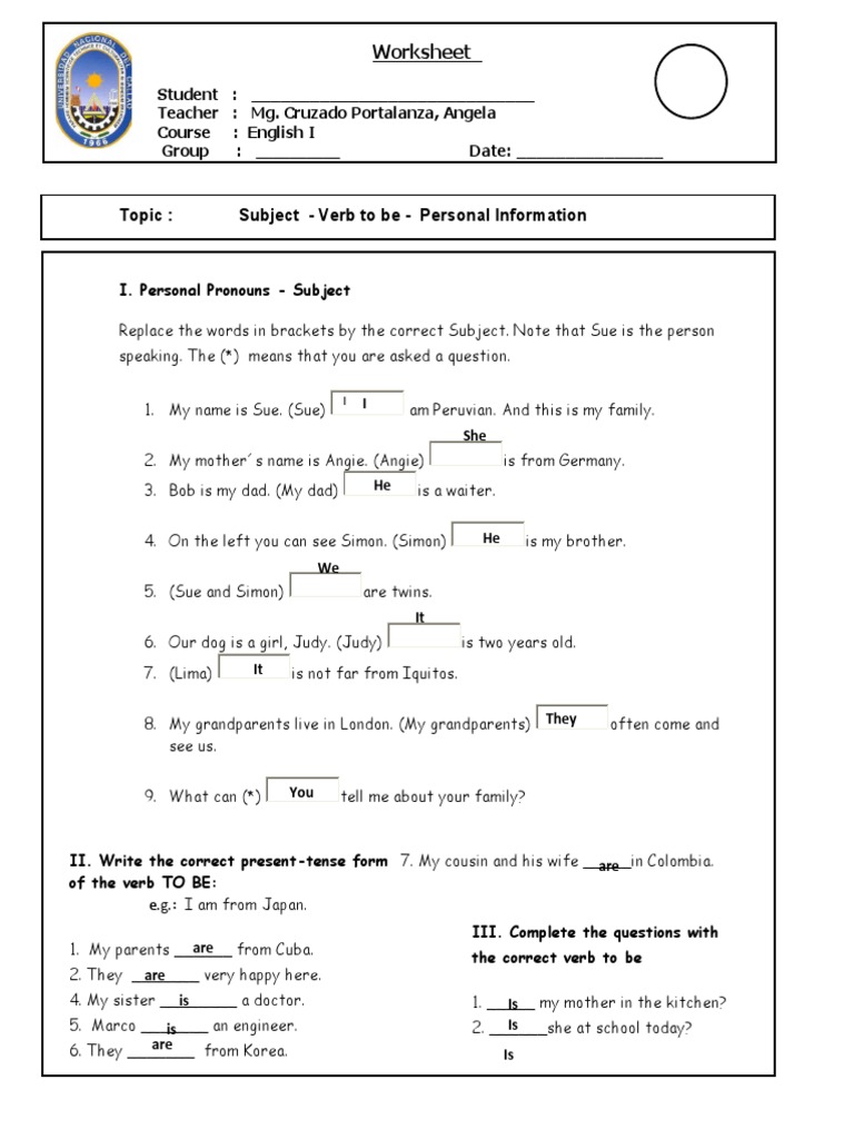 Worksheet: Topic: Subject - Verb To Be - Personal Information | PDF ...