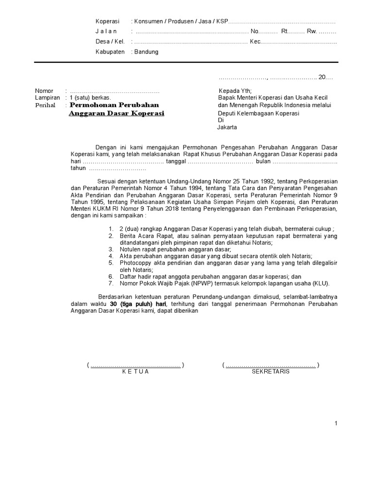 Blangko Perubahan Anggaran Dasar Koperasi | PDF