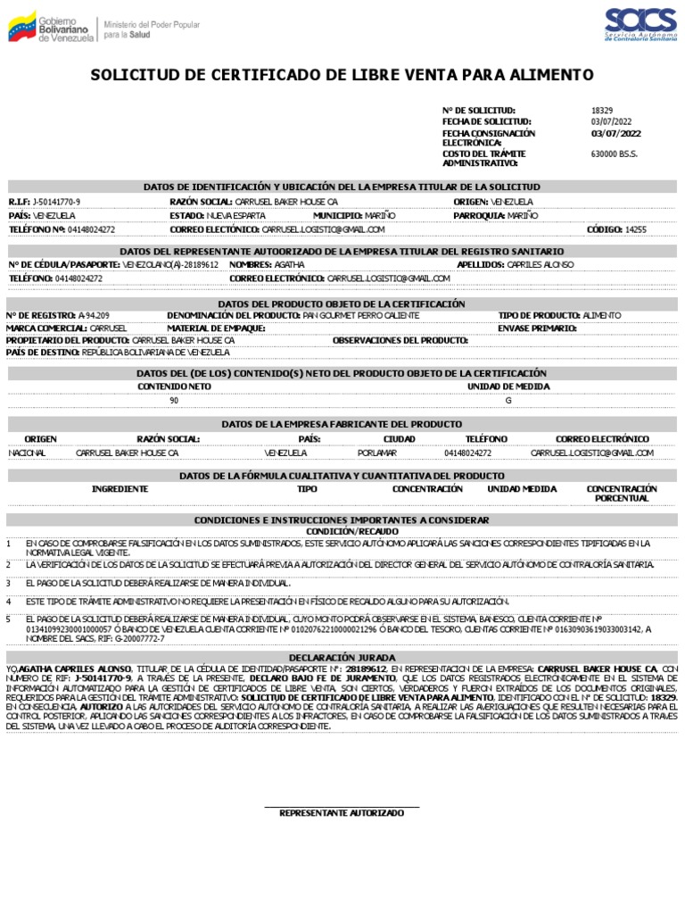 Solicitud de Certificado de Libre Venta para Alimento | PDF | Venezuela