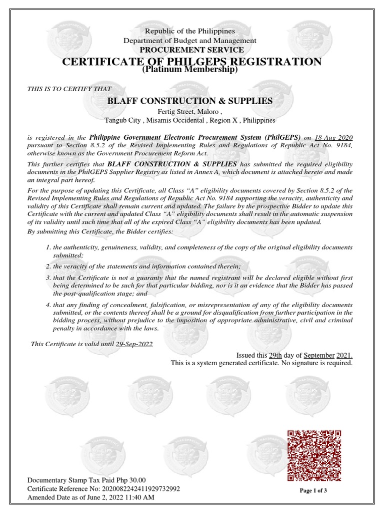 CERTIFICATE OF PHILGEPS REGISTRATION (Platinum Membership) - BLAFF ...