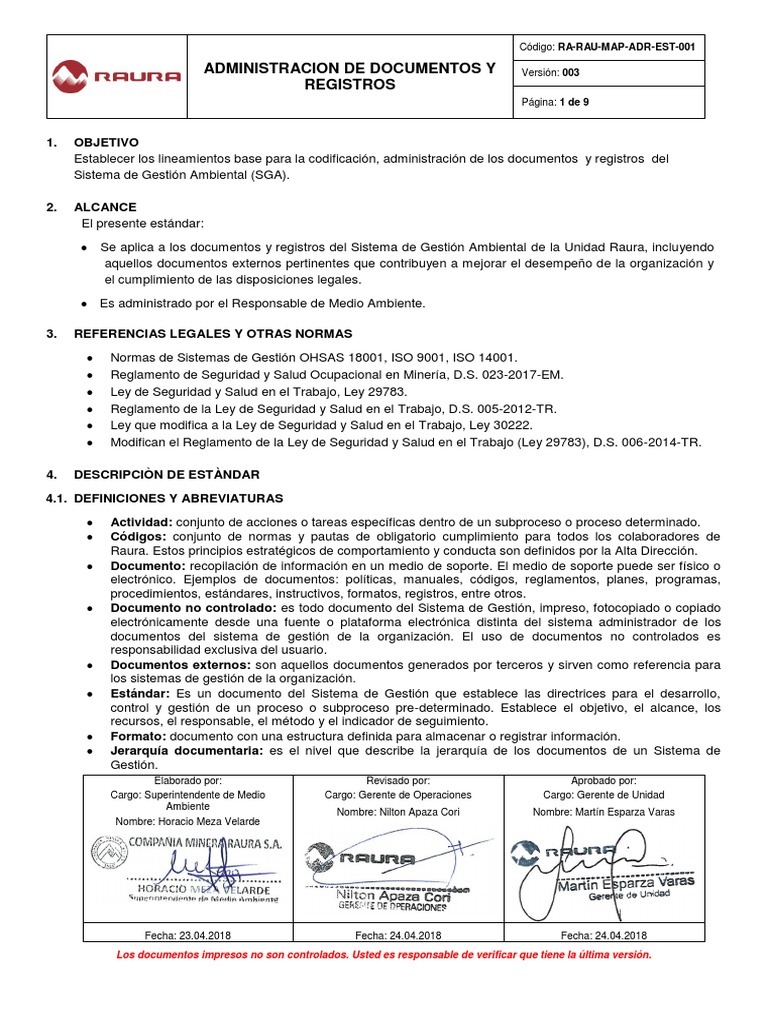 RA-RAU-MAP-ADR-EST-001 Administración de Documentos y Registros | PDF ...
