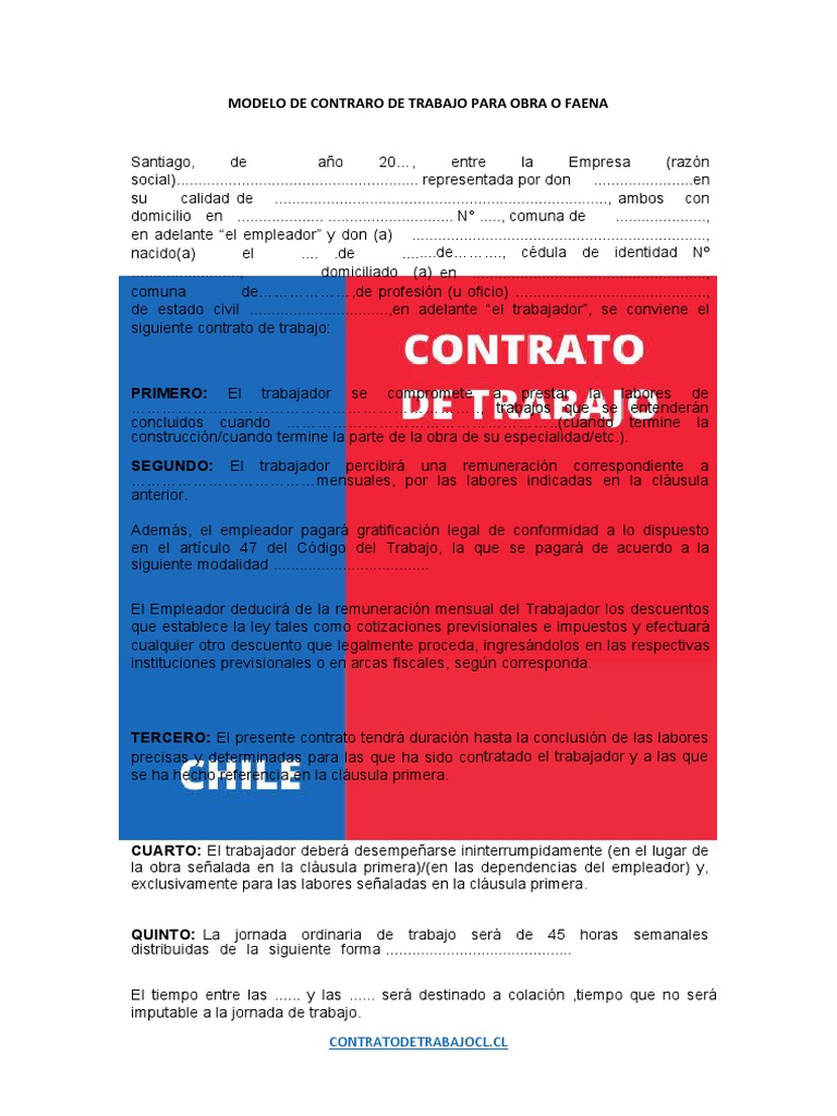 Contrato de Trabajo Por Obra o Faena Chile WORD | PDF | Tiempo de trabajo | Gobierno