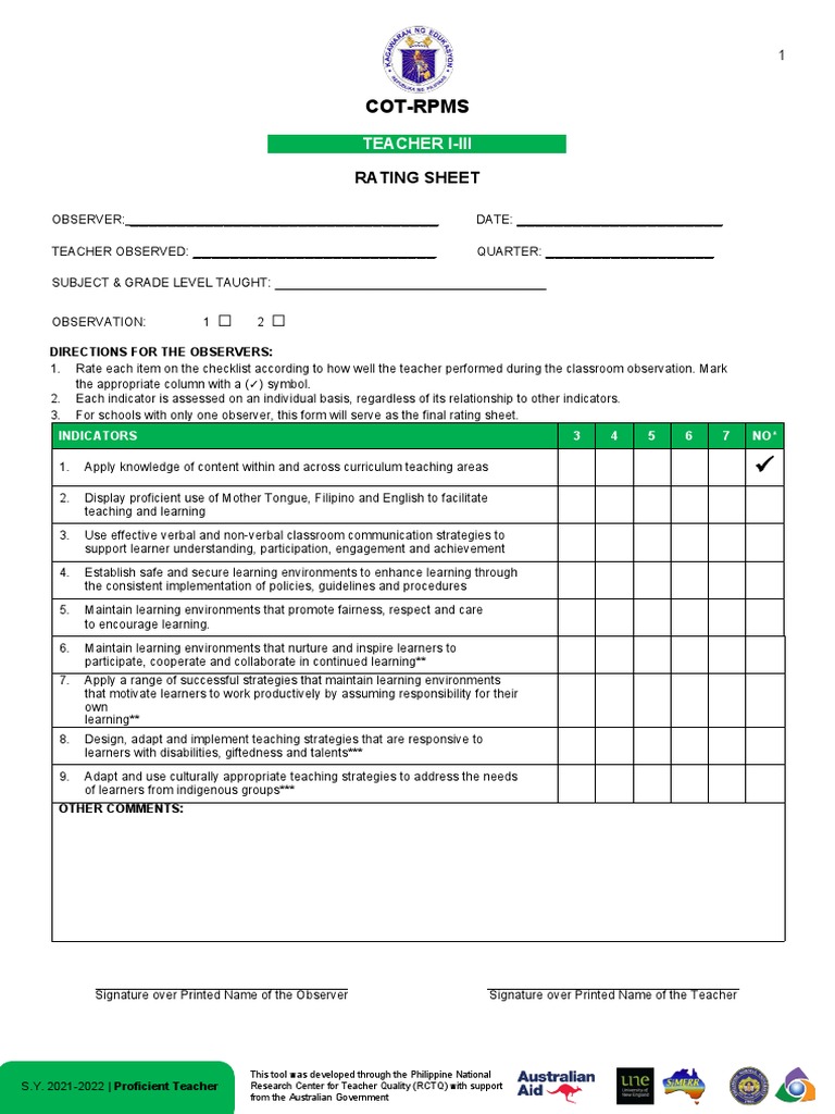 COT Rating - Proficient Teachers | PDF | Learning | Teachers