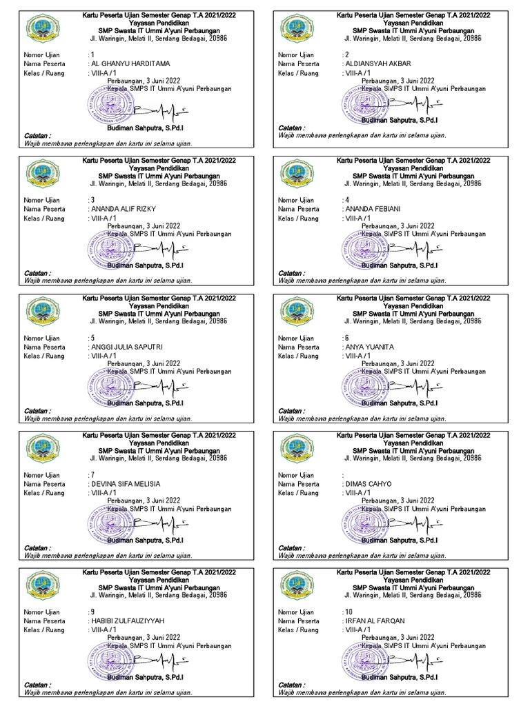 Kartu Ujian Kelas 7 Dan 8 2 | PDF