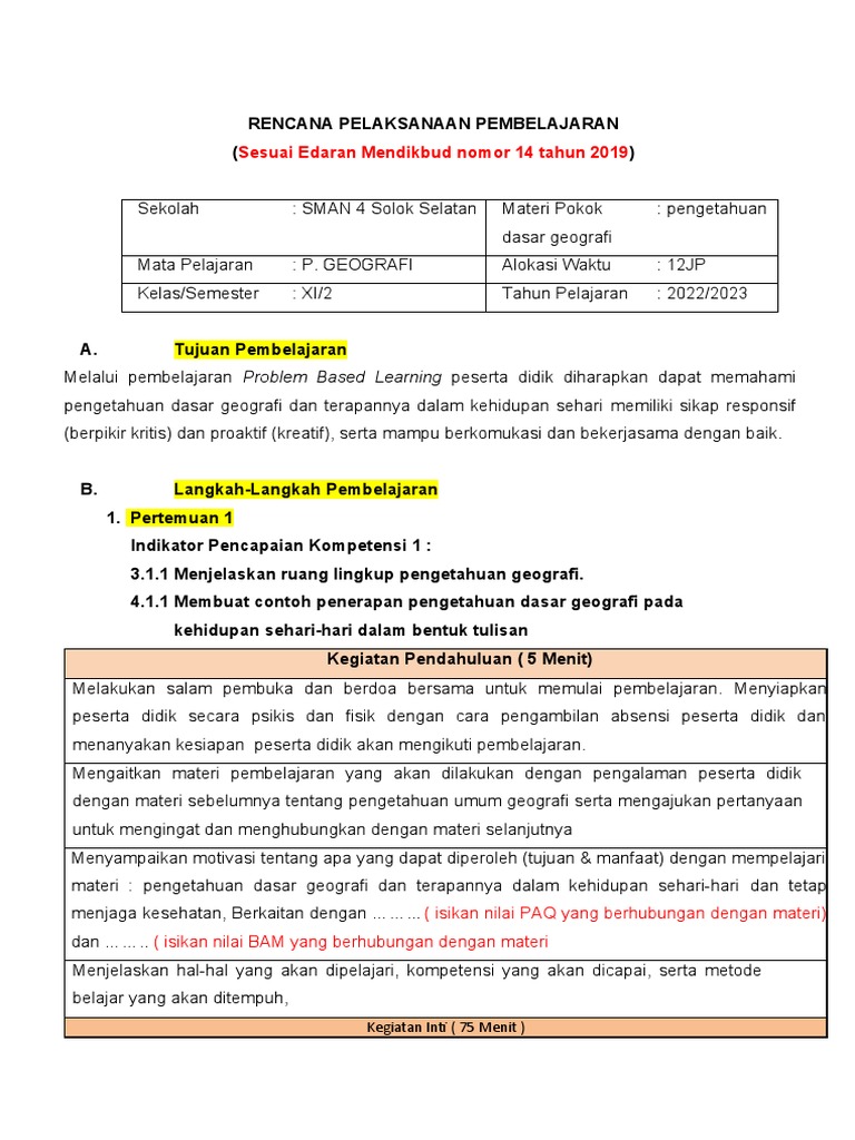RPP Model Problem Based Learning (Repaired) | PDF