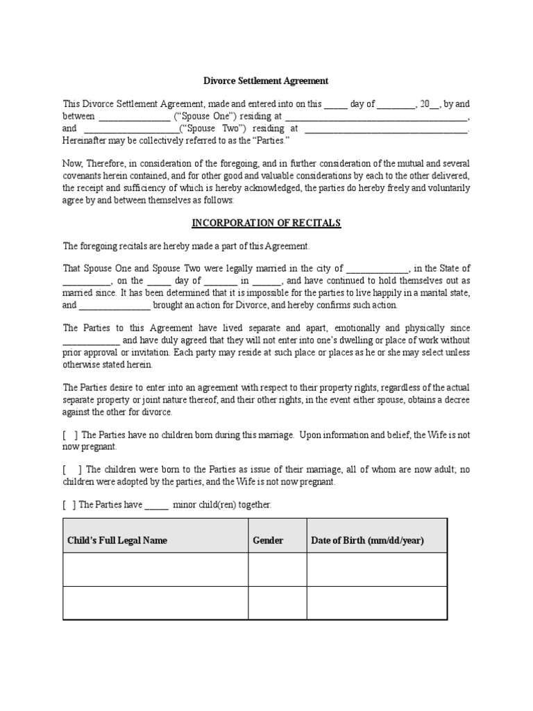 PDF Template Divorce Settlement Agreement Template | PDF | Alimony ...