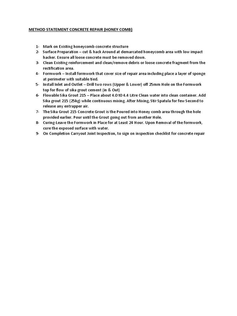 Method Statement Concrete Repair | PDF