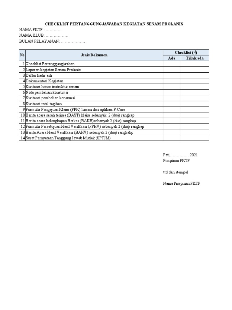 Checklist Senam Prolanis | PDF