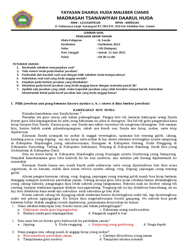 Soal UTS B. Sunda 8 K-2006 SMTR 2 | PDF | Seni & Disiplin Bahasa | Kajian Bahasa Asing