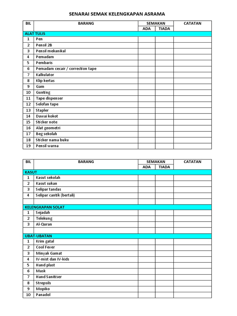 Senarai Semak Kelengkapan Asrama | PDF