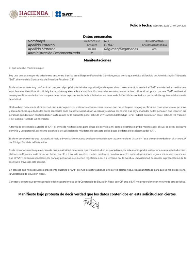 acuse SAT CONSTANCIA DE SITUACION FISCAL MARCO TULIO ROSALES IBARRA ...