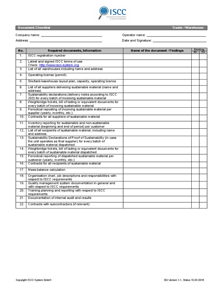 ISCC Document Checklist Trader Warehouse | PDF | Business