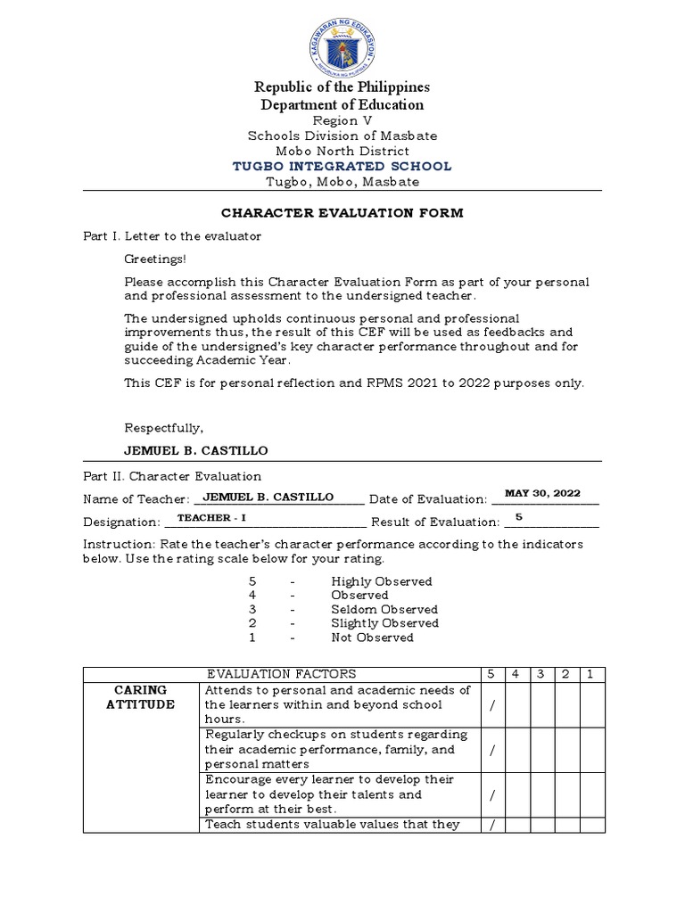 Tugbo Integrated School Character Evaluation | PDF | Teachers | Evaluation