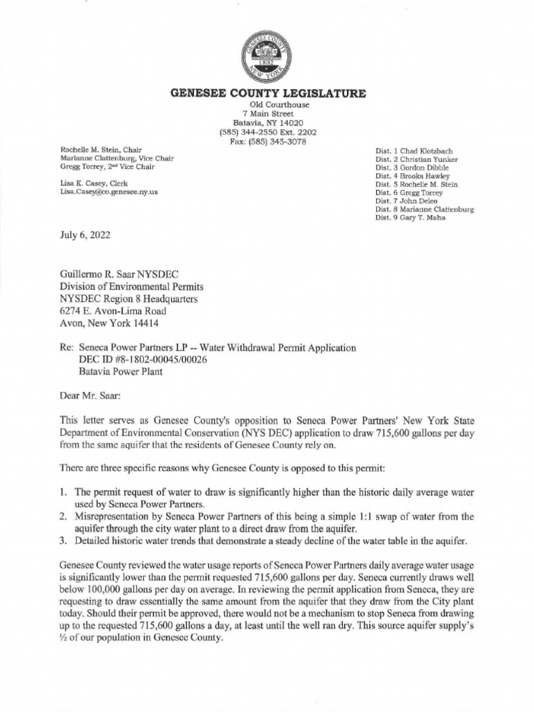 Seneca Powers Opposition Letter (Genesee County) | PDF