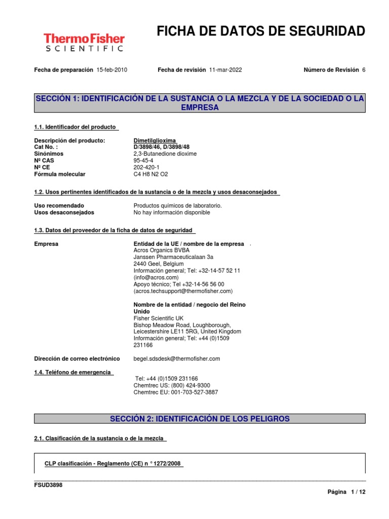 Dimetilglioxima - Thermo Fisher | PDF | Combustión | Residuos