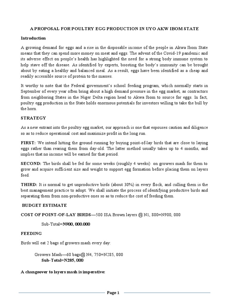 Poultry Egg Production Proposal Uyo | PDF | Poultry | Egg As Food