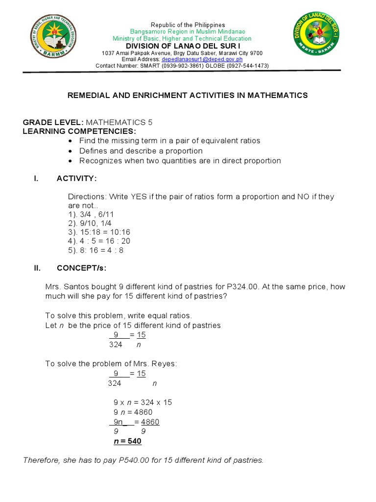 Remedial Activities Sample | PDF | Ratio | Mathematics Remedial Activities Sample | PDF | Ratio | Mathematics